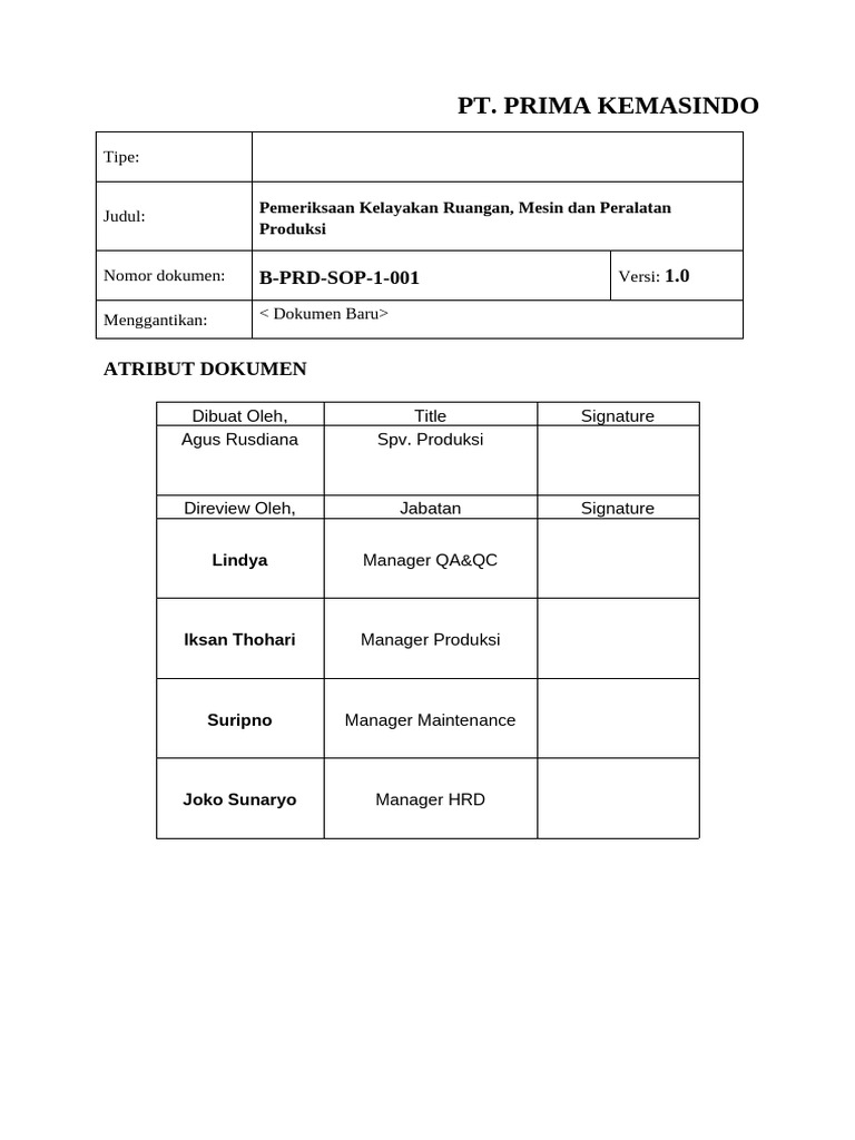 B-PRD-SOP-1-002 Pemeriksaan Kelayakan Ruangan, Mesin Dan Peralatan Produksi | PDF