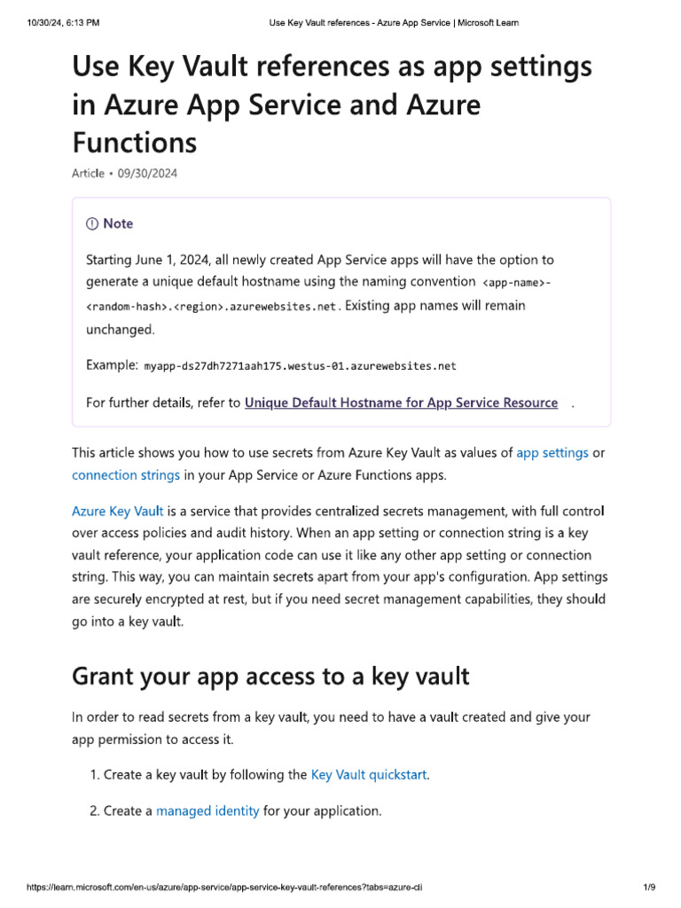 Use Key Vault References As App Settings in Azure App Service and Azure Functions | PDF