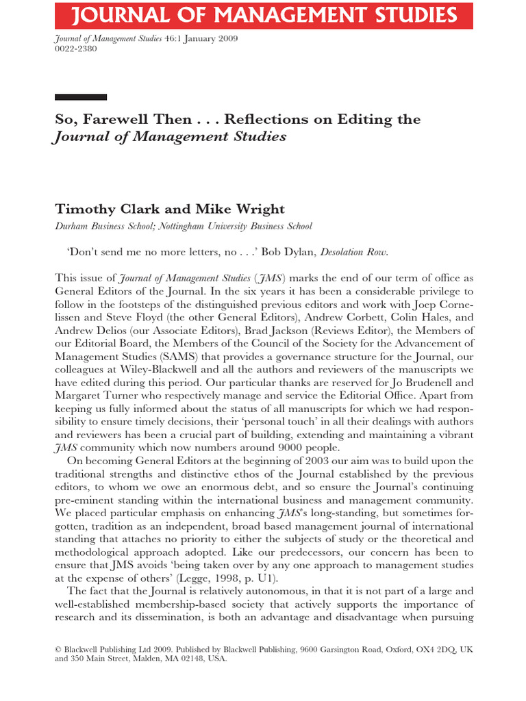 So, Farewell Then - . - Reflections On Editing The: Journal of Management Studies | PDF ...