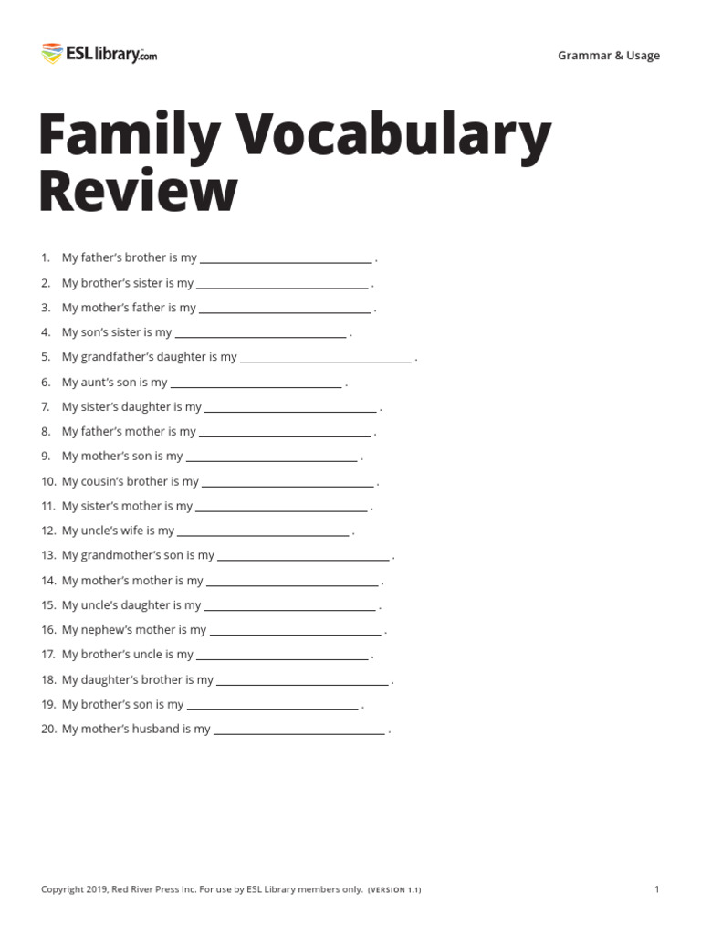 Family Vocabulary Review - ESL Library | PDF