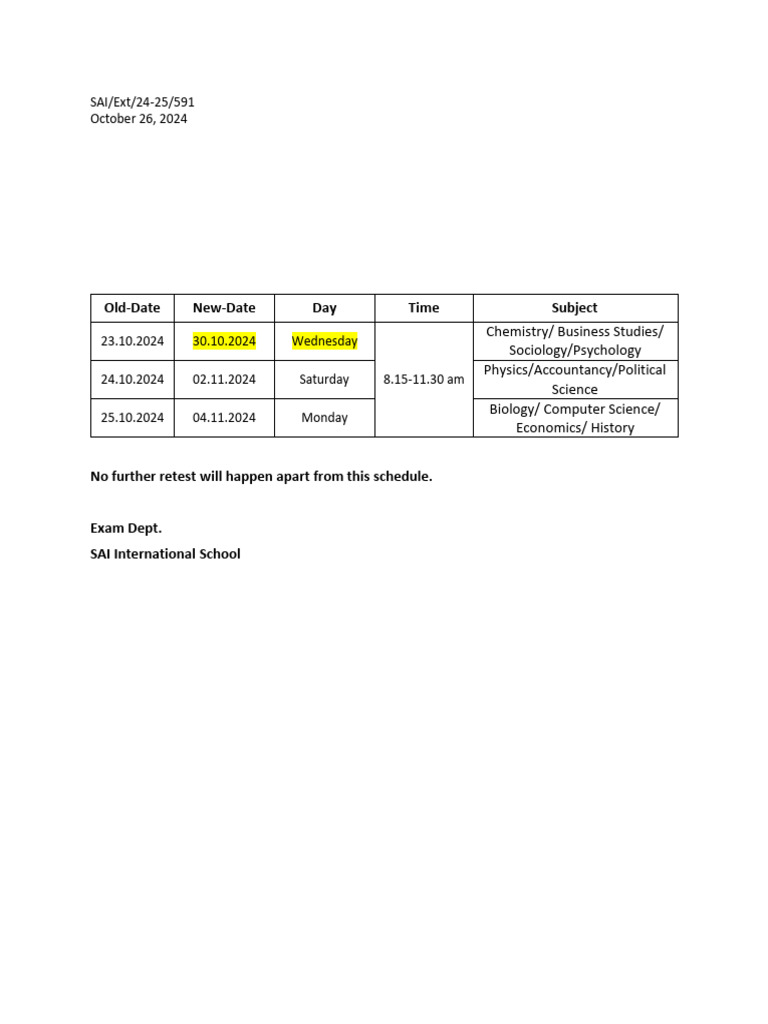 Class XI-Revised Half Yearly Supplementary Exam Schedule 2024-25 | PDF