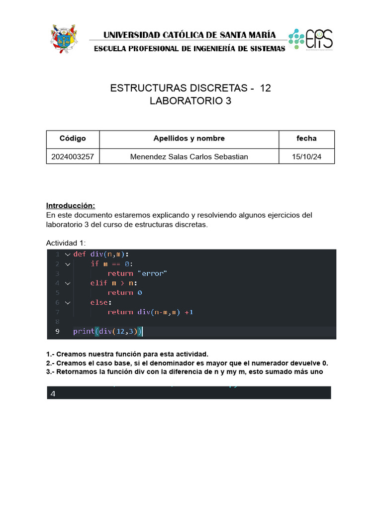 Laboratorio 3 estructuras discretas | PDF | División (Matemáticas) | Matemáticas