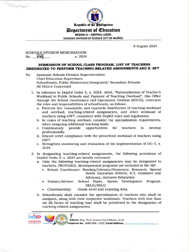 SDM No. 268 S. 2024 Submission of School Class Program List of Teachers ... SDM No. 268 S. 2024 Submission of School Class Program List of Teachers ...