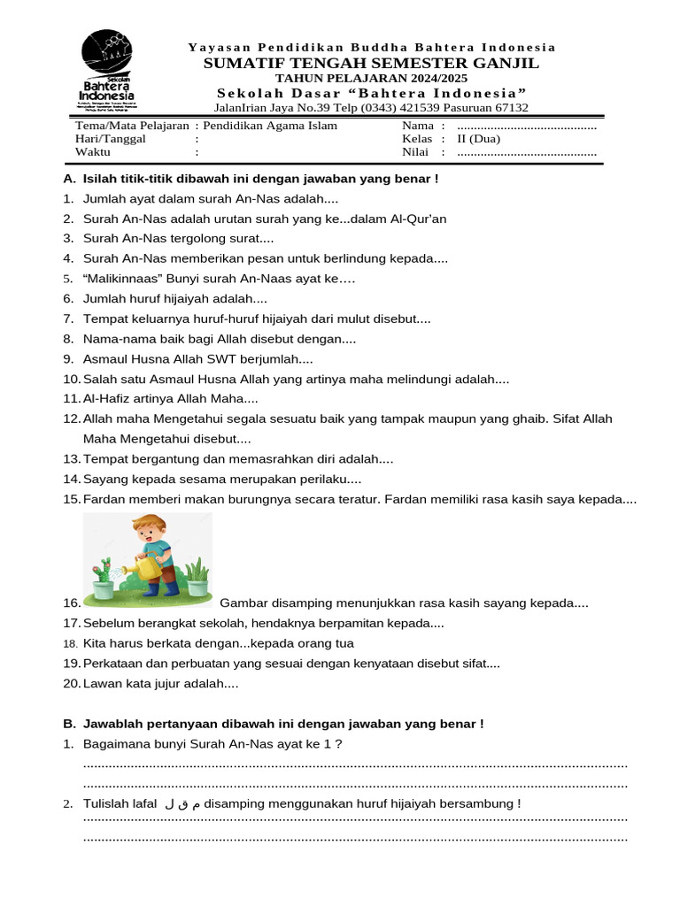 Soal Sts Kelas 2 (Sem 1) | PDF