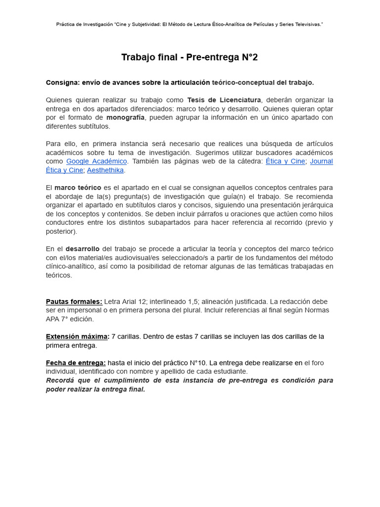 Consigna Pre-Entrega N°2 - Cine y Subjetividad | PDF | Arte