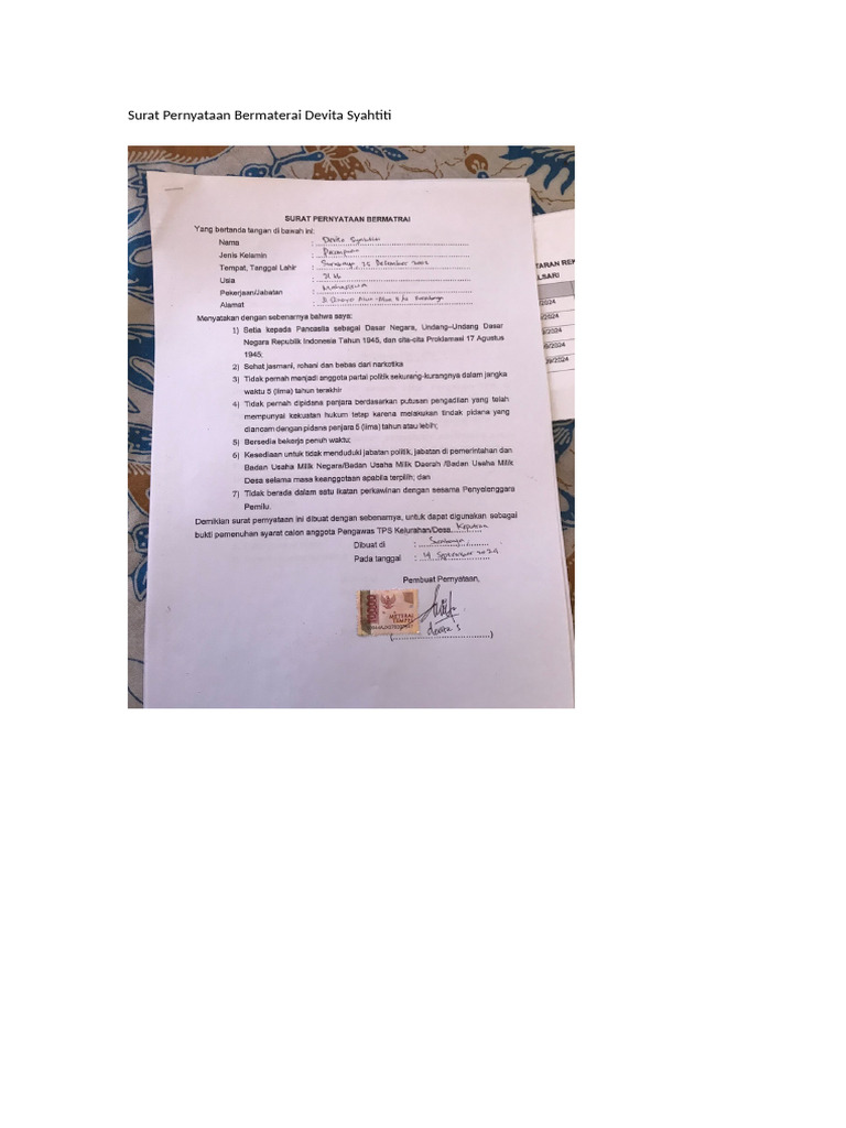 Surat Pernyataa Bermaterai Devita Syahtiti | PDF