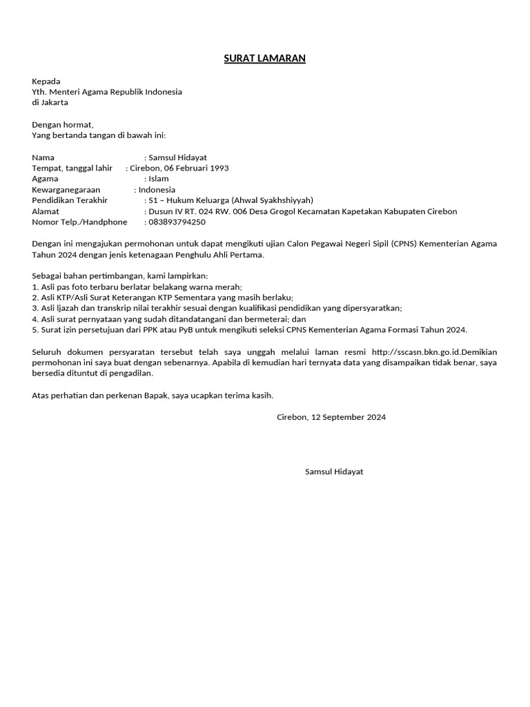 Surat Lamaran Dan Pernyataan KEMENAG 2024 | PDF