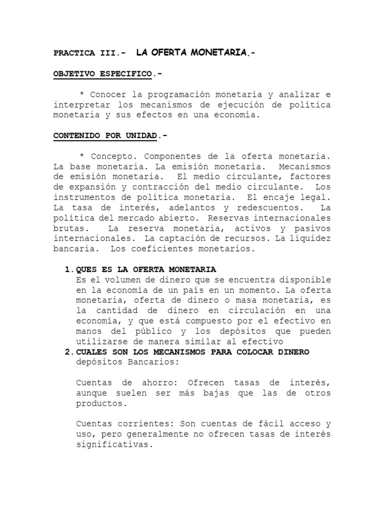 Practica III Moneda y Banca.. | PDF | Bancos | Oferta de dinero