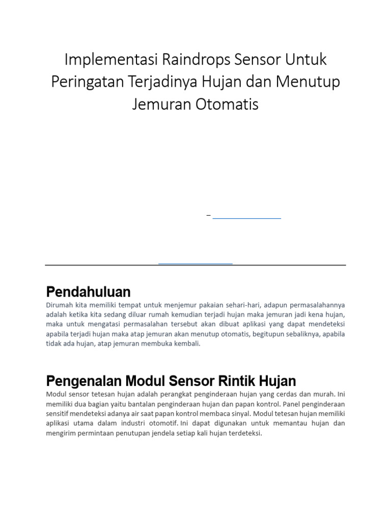 Implementasi Raindrops Sensor Untuk Peringatan Terjadinya Hujan Dan Menutup Jemuran Otomatis ...