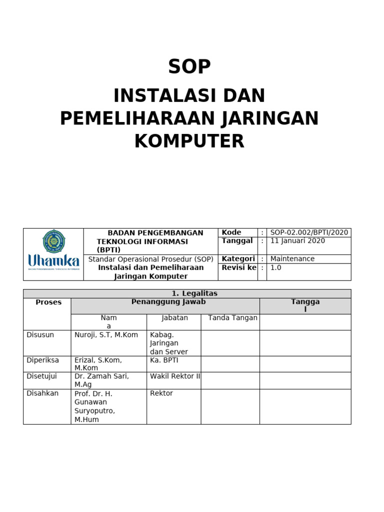 Sop Instalasi Dan Pemeliharaan Jaringan Komputer | PDF