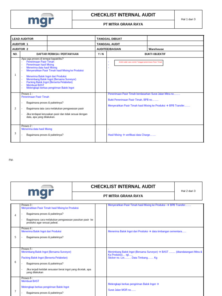 Checklist Audit Internal - Warehouse - Untuk Panduan Praktek IA | PDF