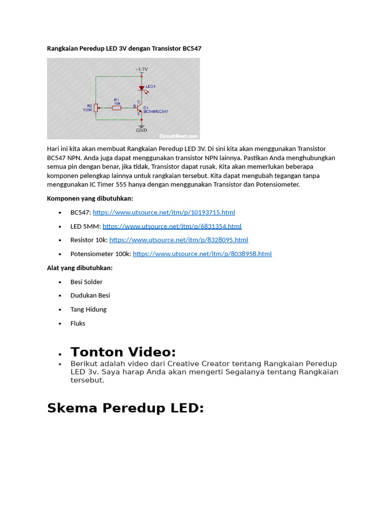 Rangkaian Peredup LED 3V Dengan Transistor BC547 | PDF