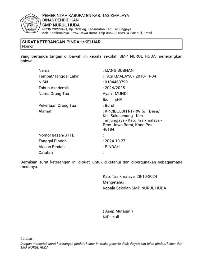Surat Pindah Ijang Subhan | PDF