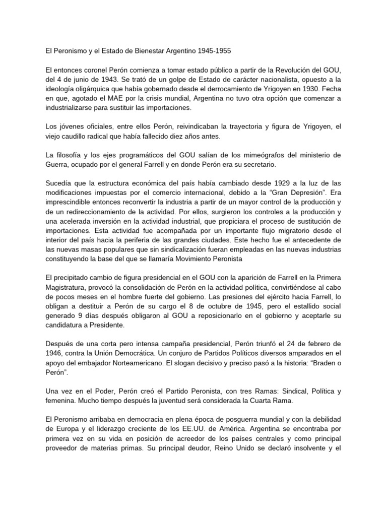 El Peronismo y El Estado de Bienestar Argentino 1945-1955 | PDF ...