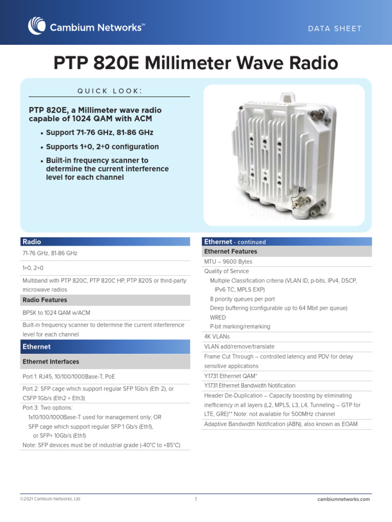 Cambium Networks Data Sheet PTP 820E | PDF | Computer Engineering | Communications Protocols