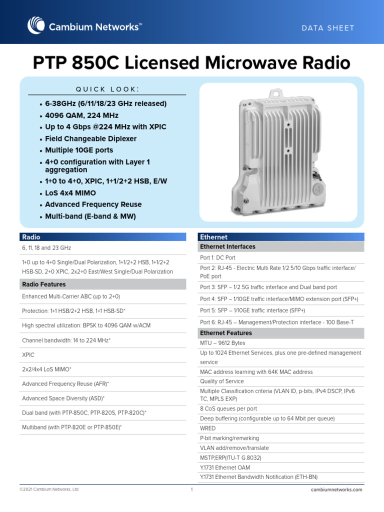 Cambium Networks Data Sheet PTP 850C | PDF | Information And ...