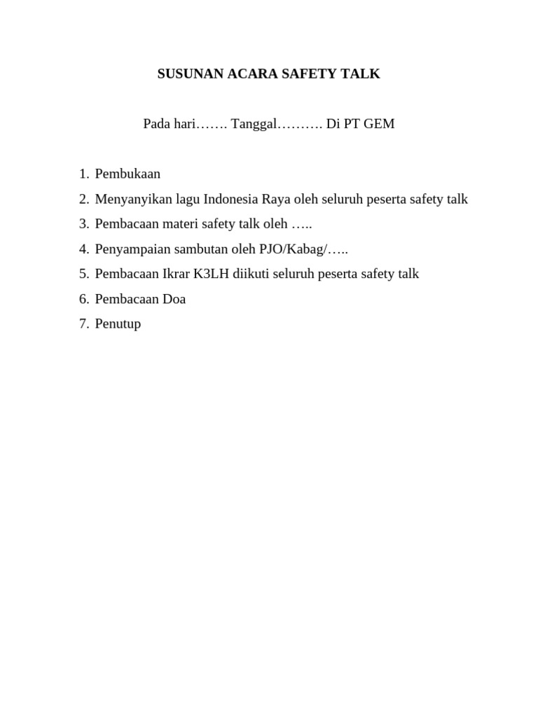 Susunan Acara Safety Talk | PDF