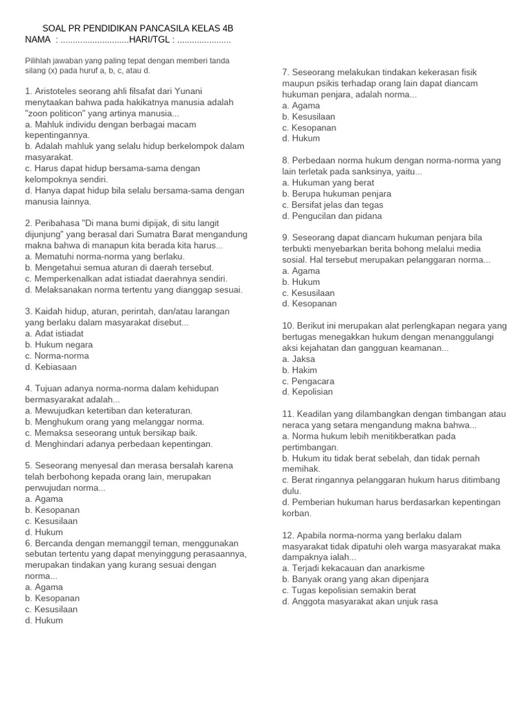 009-Soal PR Pendidikan Pancasila Kelas 4B | PDF | Politik