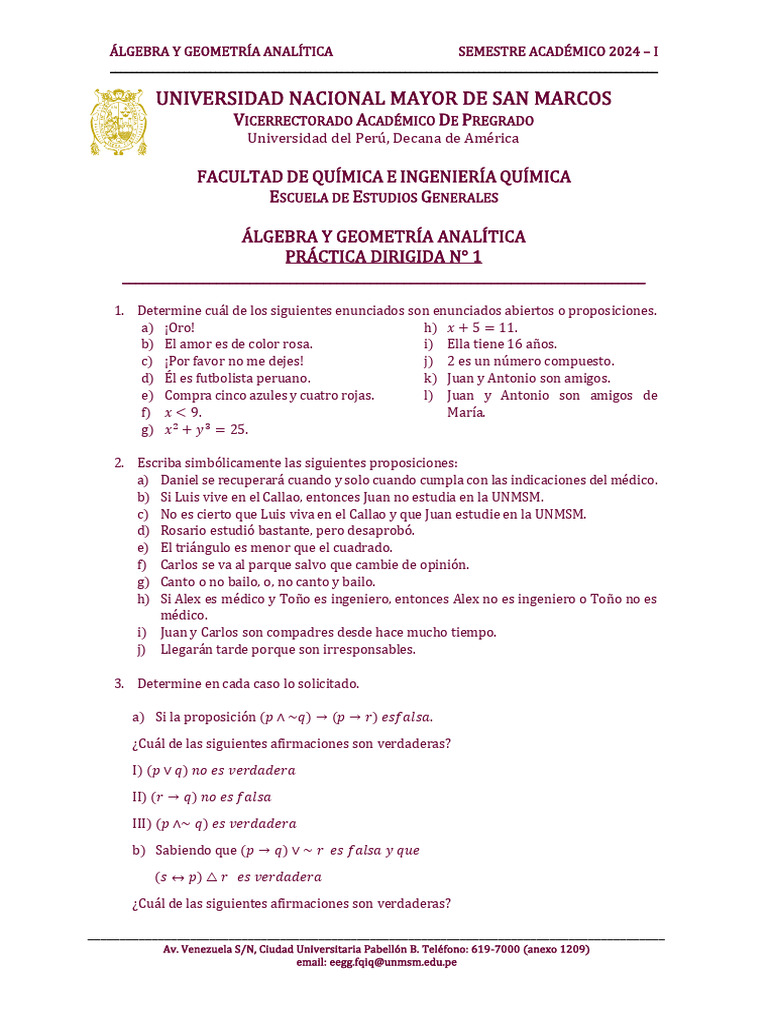 Práctica Dirigida 1. Lógica Proposicional | PDF | Proposición | Lógica matemática