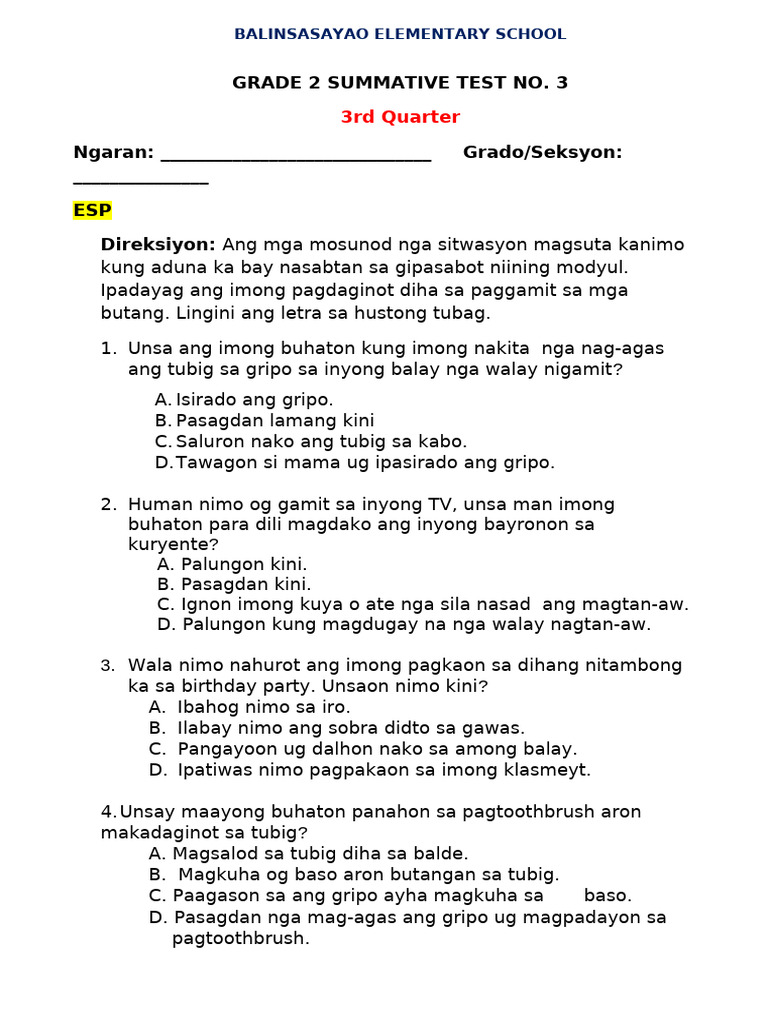 Summative Test No. 3 in Grade 2 Quarter 3 | PDF