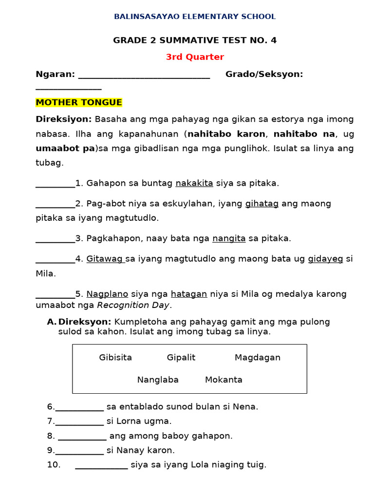 Summative Test No. 4 in Grade 2 Quarter 3 | PDF