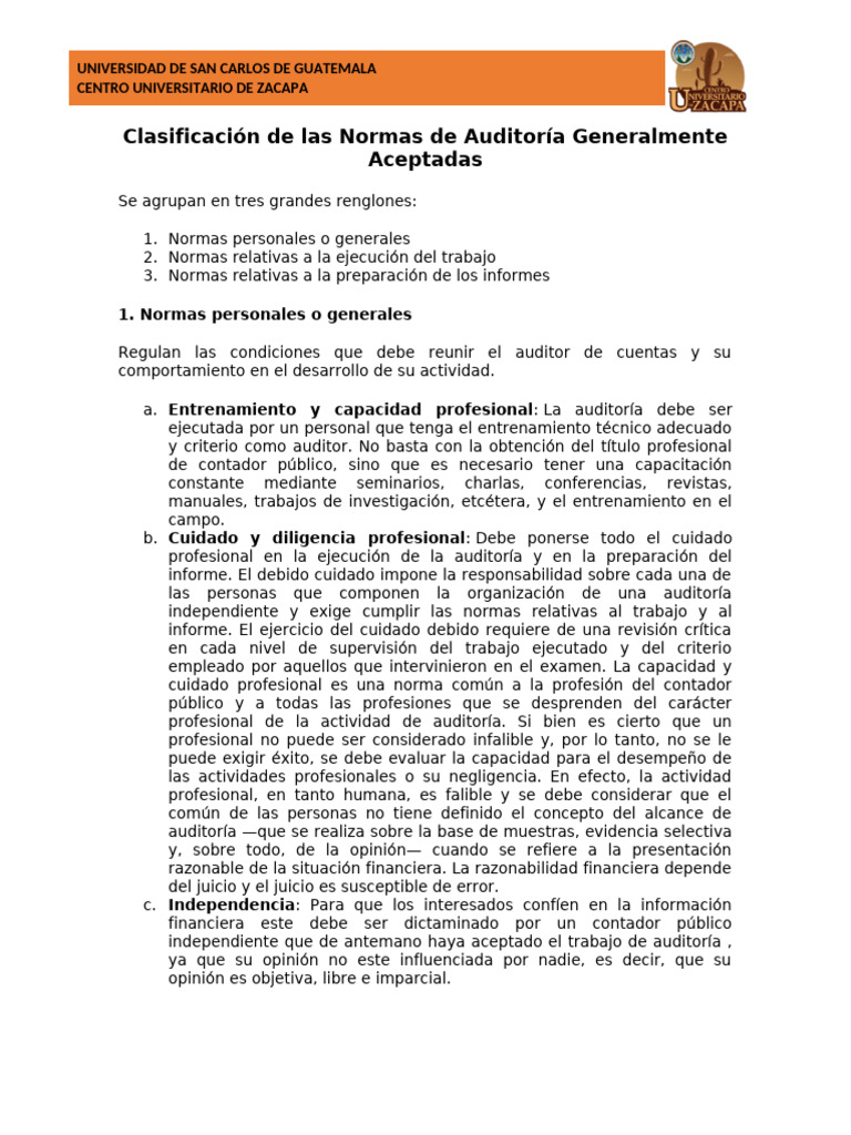ClasificaciÃ N de Las Normas de AuditorÃ A Generalmente Aceptadas | PDF ...