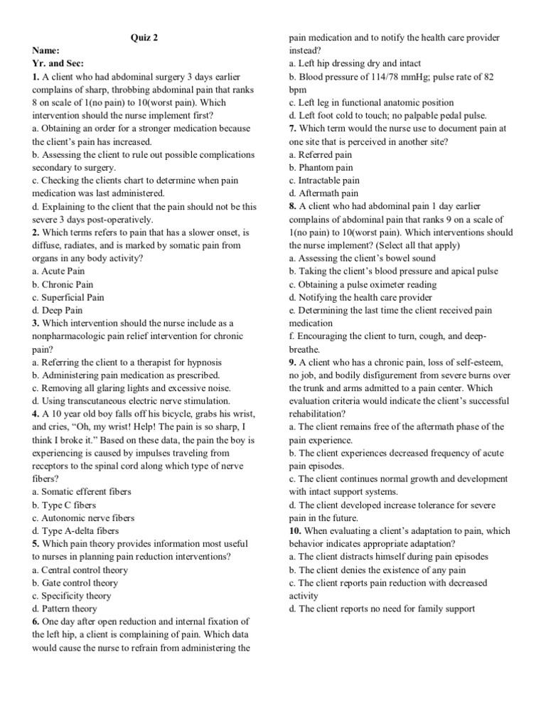 Quiz 2 | PDF | Pain Management | Pain