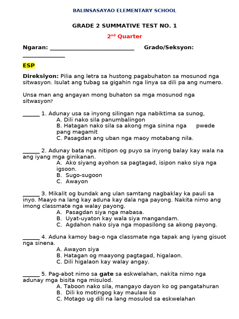 Summative Test No. 1 in Grade 2 Quarter 2 | PDF