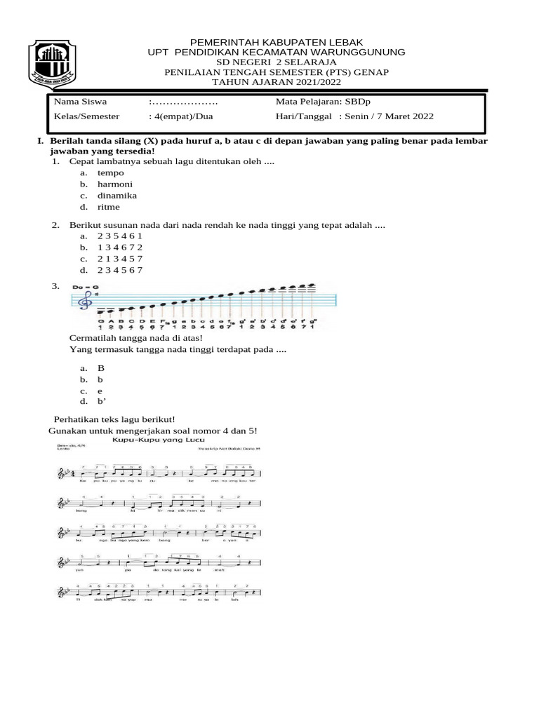 Soal PTS SBDp Kelas 4 SD 2022 | PDF | Seni & Disiplin Bahasa | Kajian Bahasa Asing