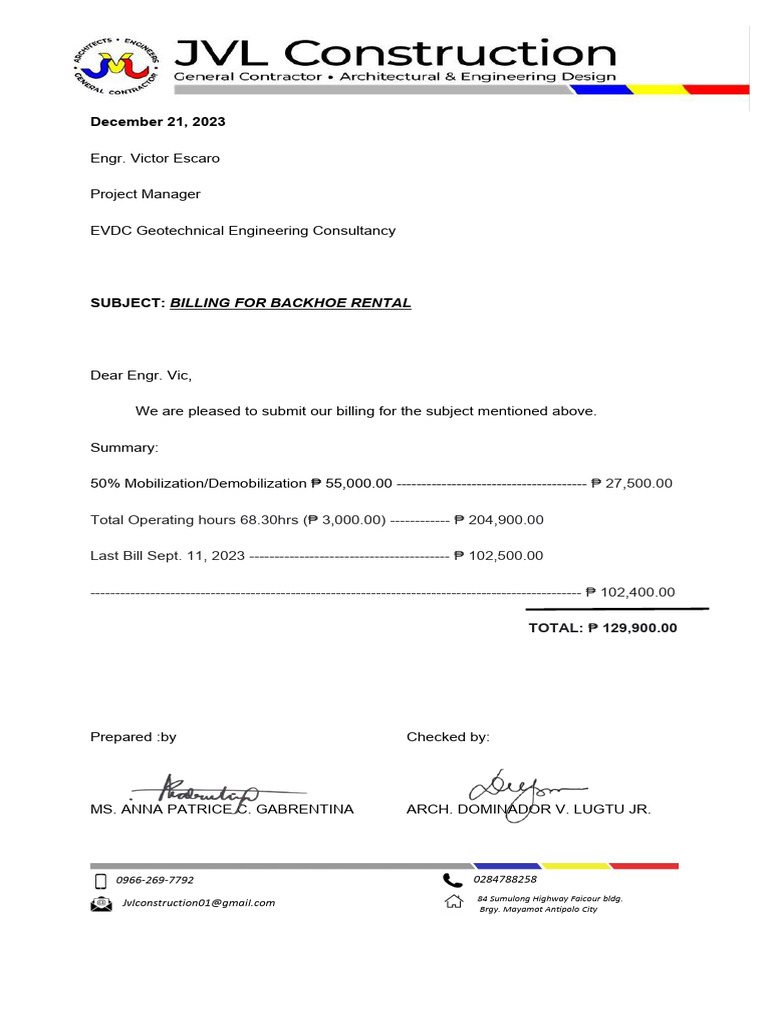 Backhoe Rental Billing | PDF | Home & Garden | Science & Mathematics