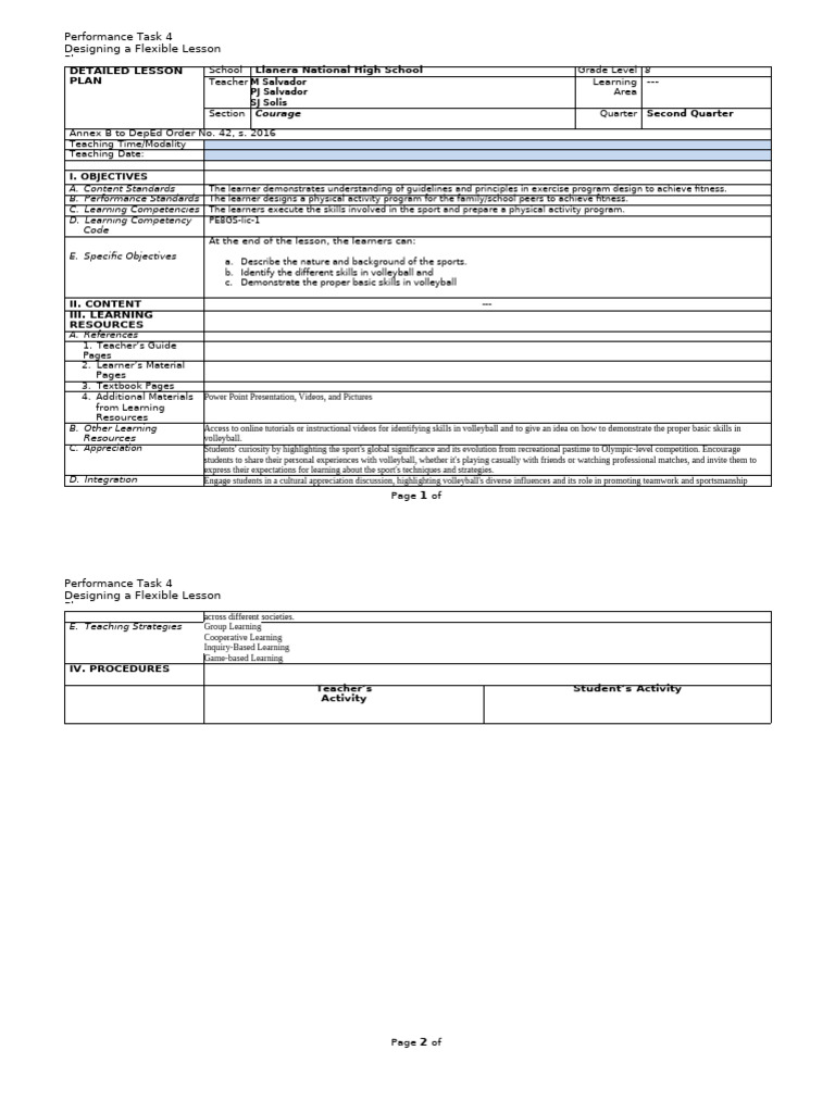 Flexible Volleyball Lesson Plan | PDF | Volleyball | Learning