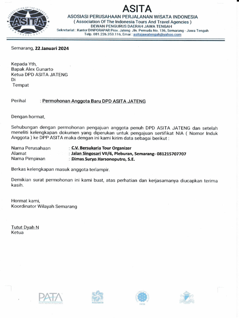 Surat Permohonan Anggota Baru ASITA | PDF