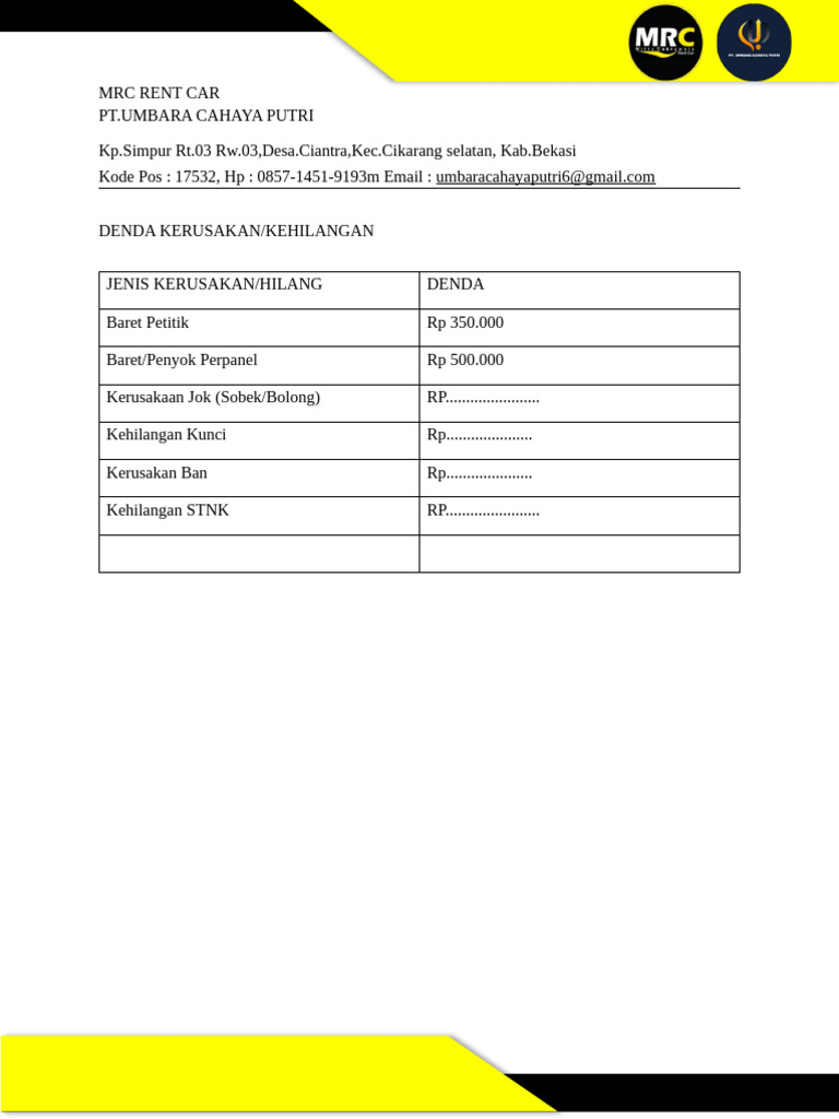 Denda Kerusakan MRC Rent Car | PDF