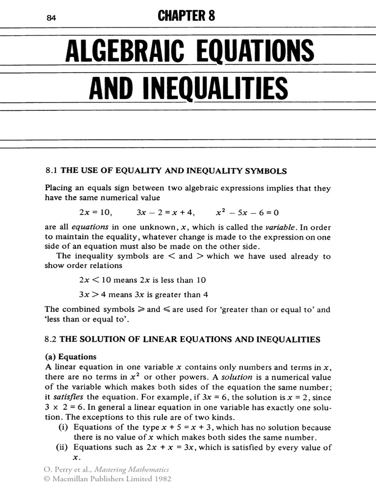Algebraic Equations and Inequalities: The Use of Equality and Inequality Symbols | PDF ...