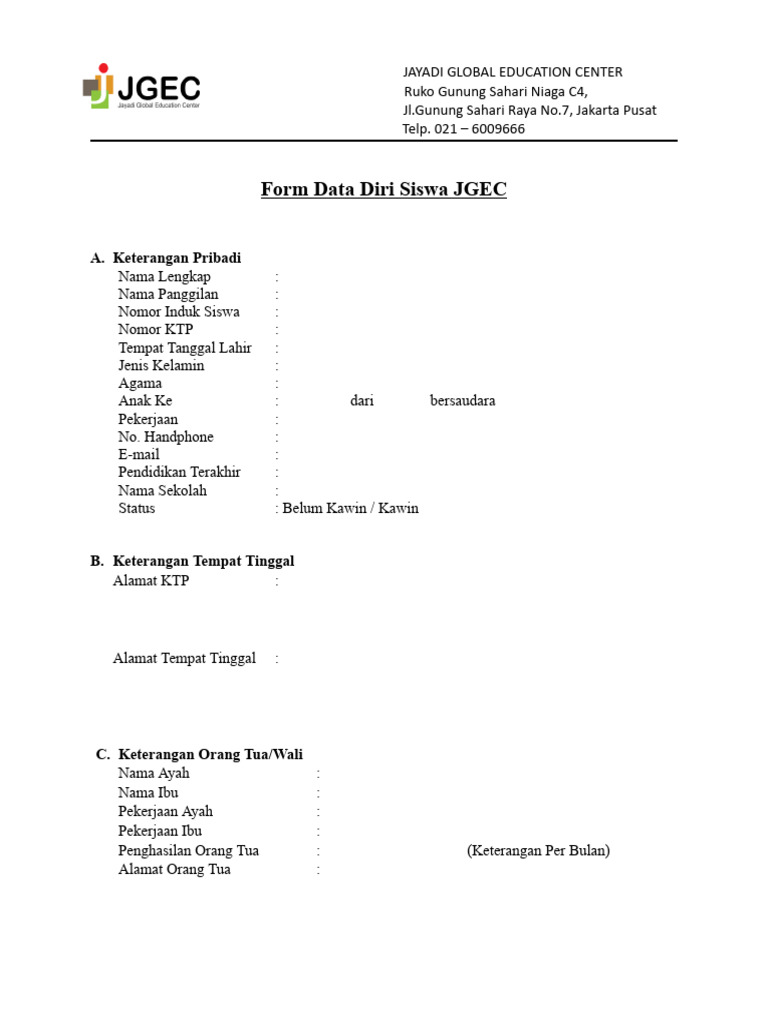 Form Data Diri Siswa JGEC-5 | PDF