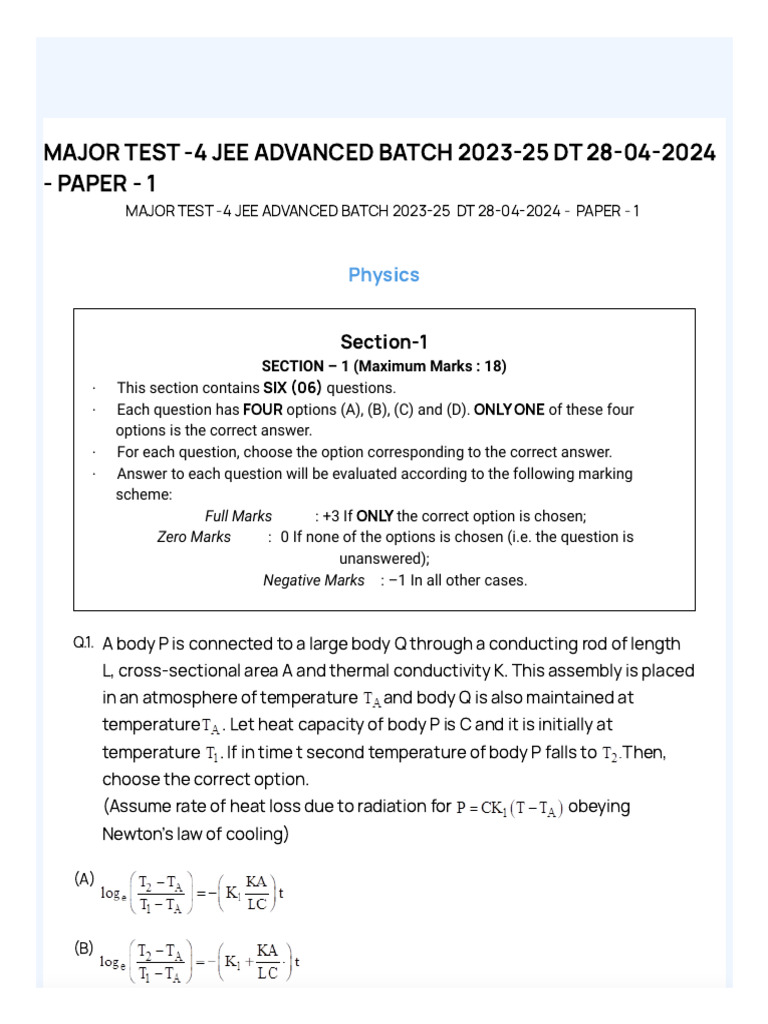 JEE Advanced Major Test 4 Paper 1 2024 | PDF | Temperature | Function ...