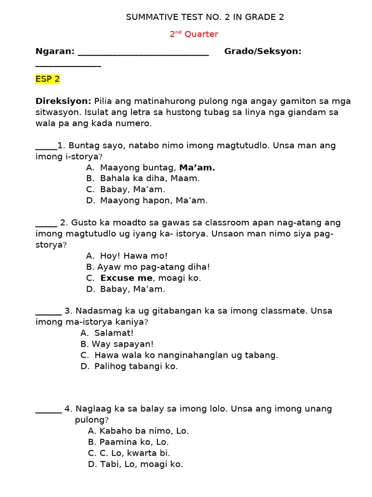 Summative Test No. 2 in Grade 2 Quarter 2 | PDF