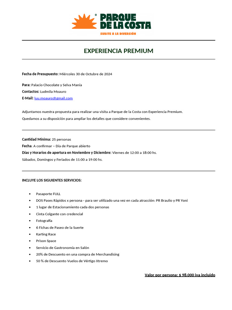 Palacio de Chocolate - Experiencia Premium | PDF