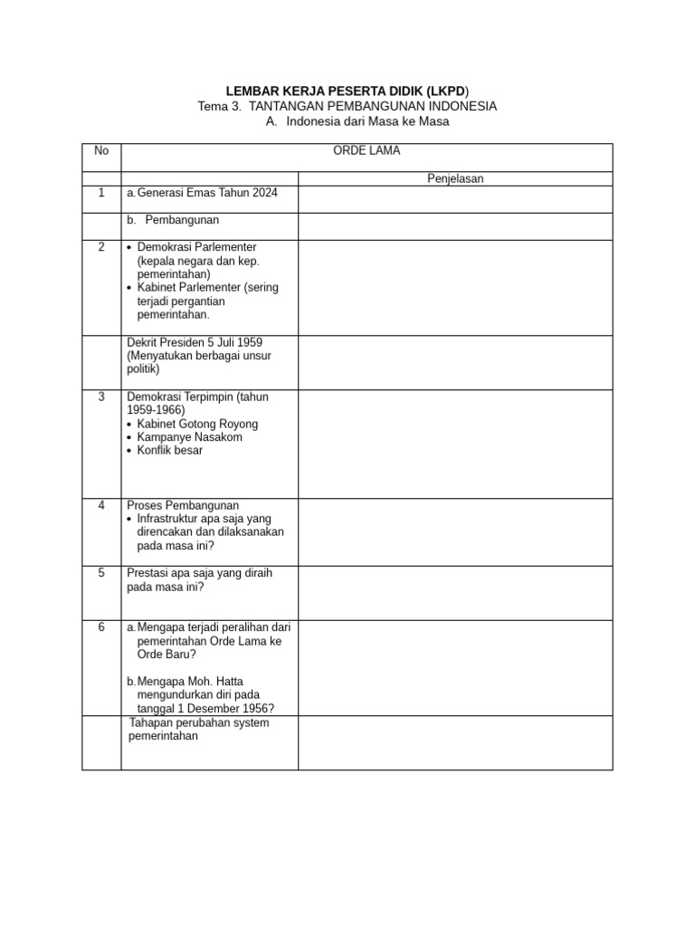 Lembar Kerja Peserta Didik Tema 3 A Indonesia Dari Masa Ke Masa | PDF