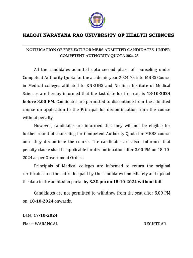 20241017061612MBBS Free Exit Notification - 2024 | PDF