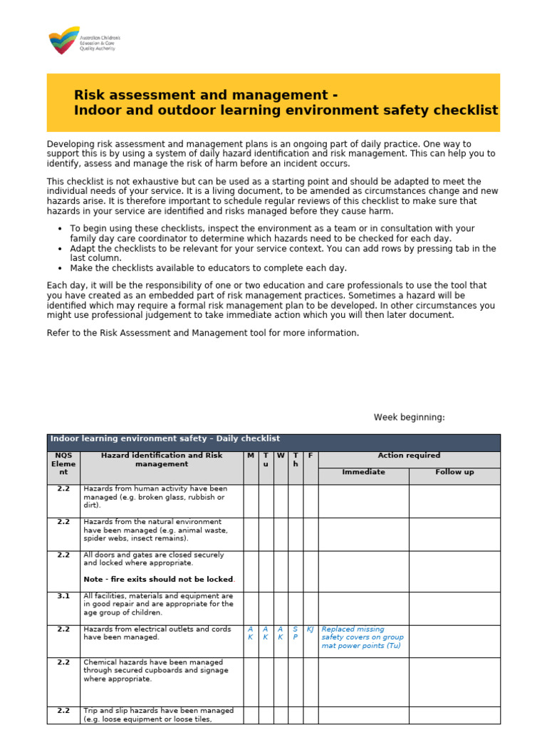Daily Risk Assessment Checklist | PDF | Risk | Risk Management