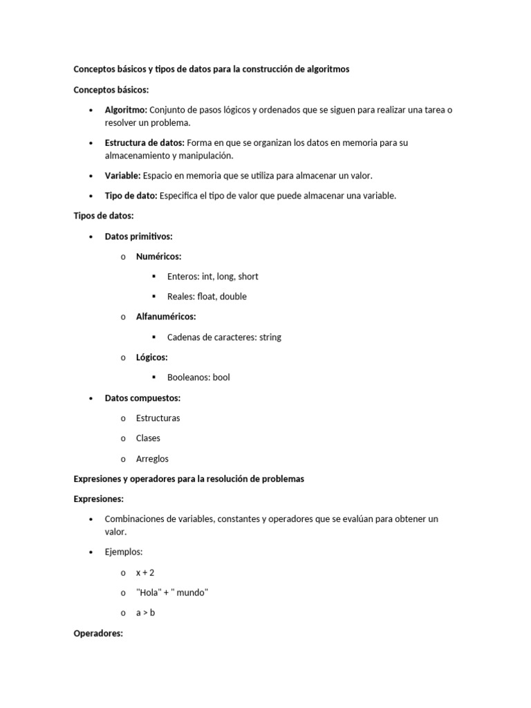 Conceptos Básicos y Tipos de Datos para La Construcción de Algoritmos ...