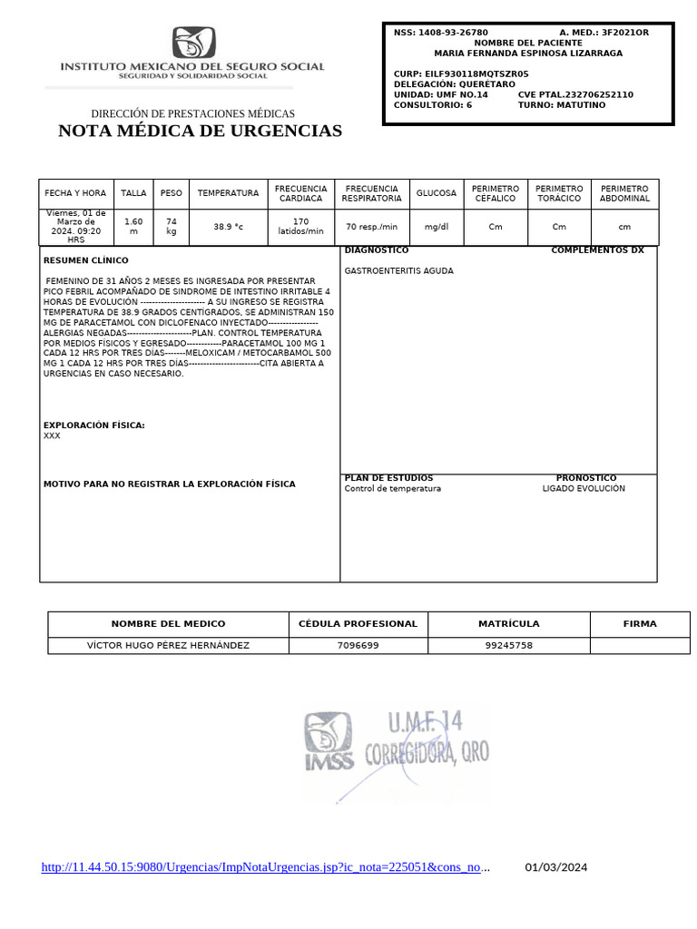 Nota Medica | PDF | Medicina CLINICA | Especialidades Medicas