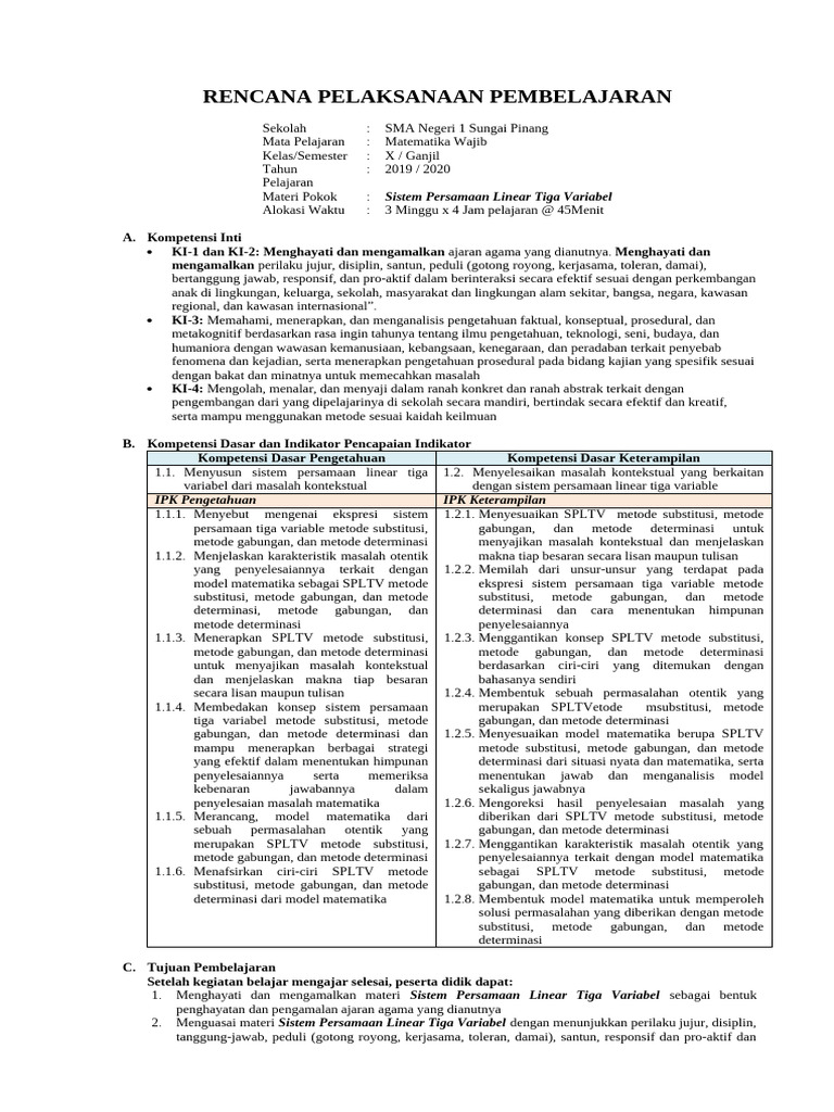 16. UD RPP 3 Sistem Persamaan Linear Tiga Variabel (Autosaved) - Copy | PDF