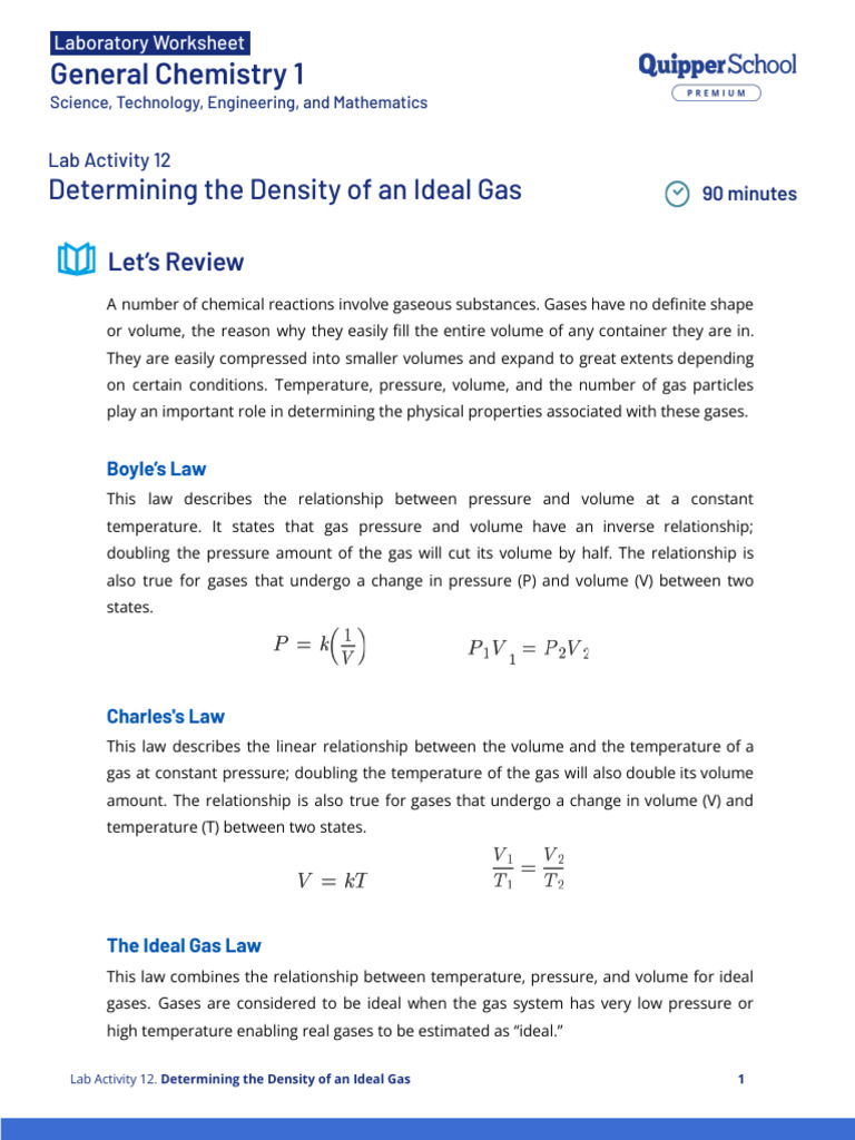 Ideal Gas Density Lab Worksheet | PDF | Gases | Density
