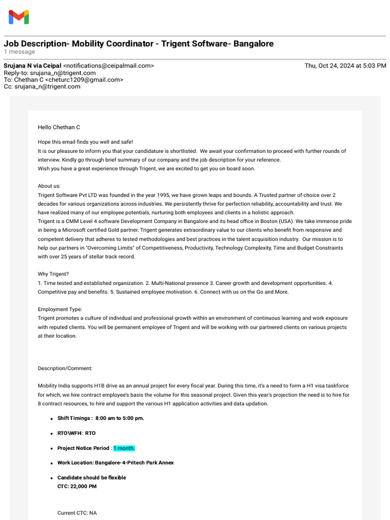 Mobility Coordinator Job at Trigent Bangalore | PDF | Economies | Business
