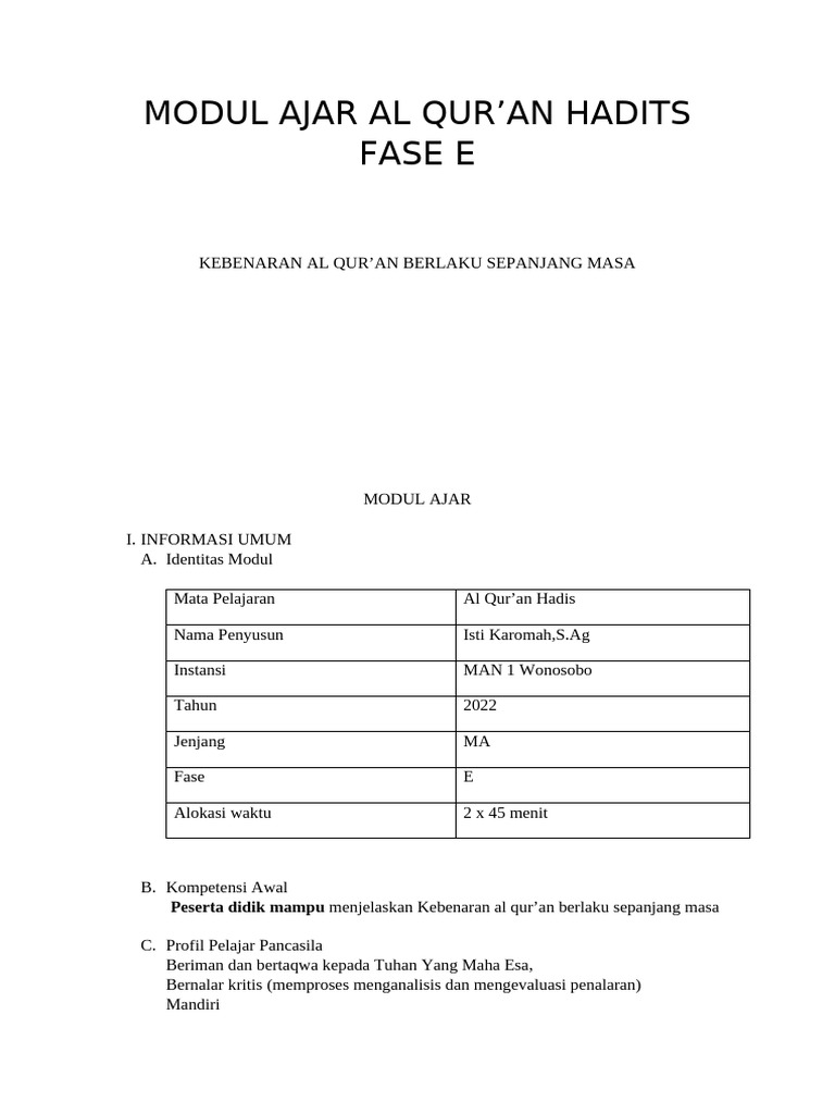 MODUL AJAR QH X BAB Ke 6 | PDF | Karier & Perkembangan