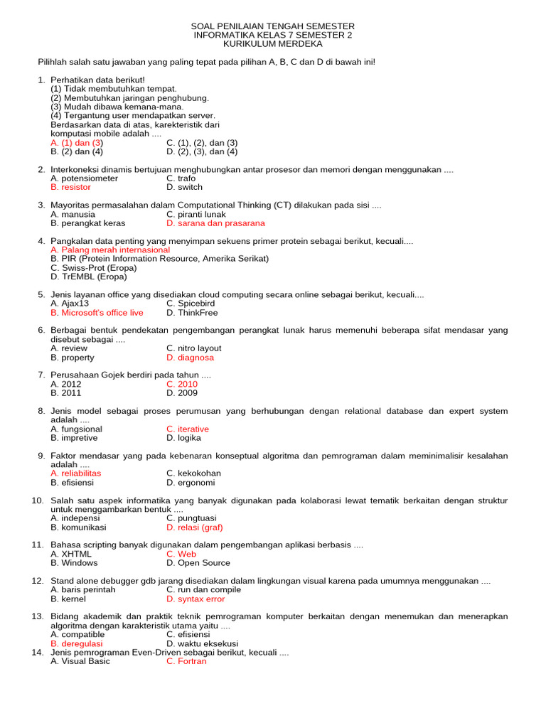 Soal Pts Informatika Kelas 7 Semester 2 Kurikulum Merdeka | PDF | Komputer