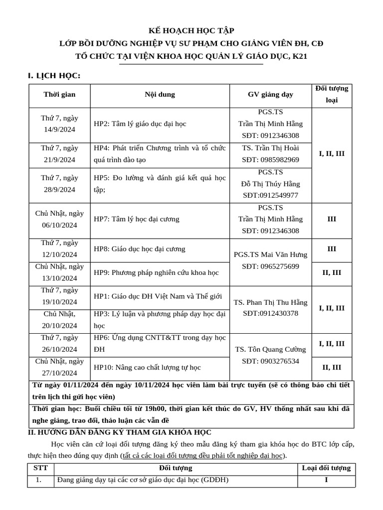 Lịch học online gửi học viên lớp NVSP VKHQLGD K21 | PDF