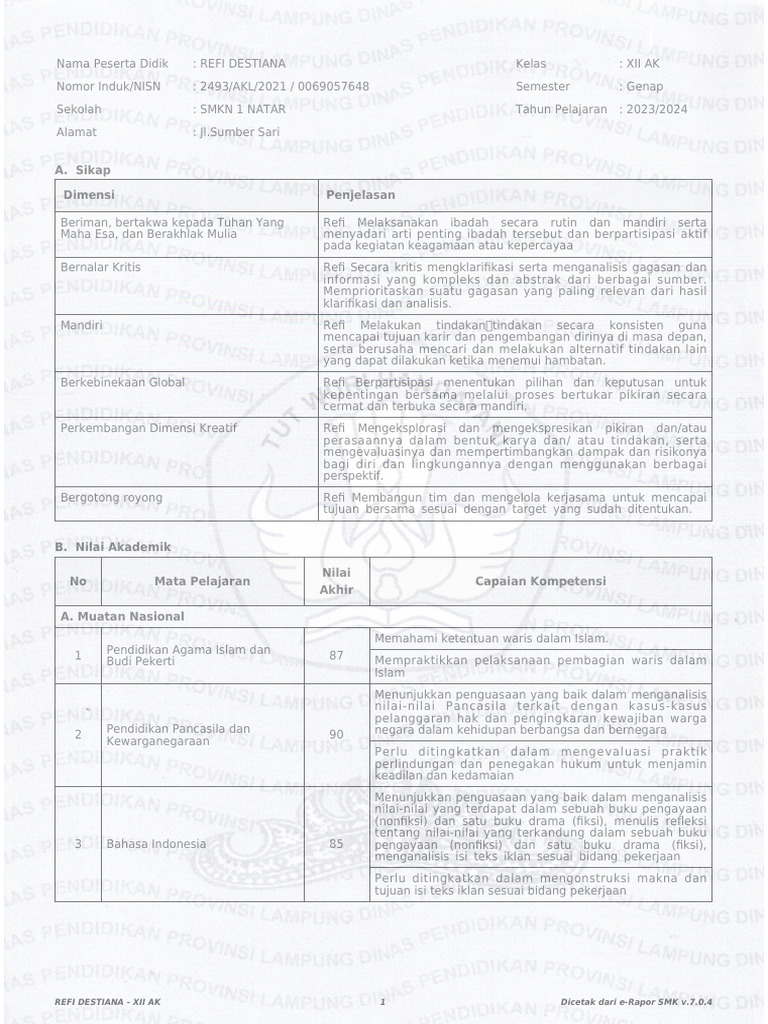 Rapor Refi Destiana - Xii Ak Coba | PDF